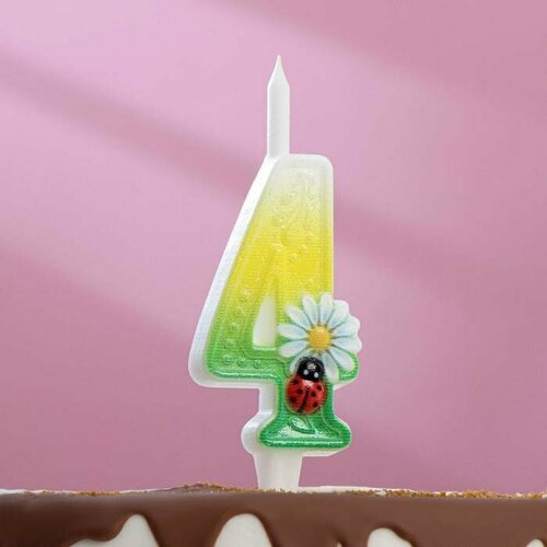 Свеча для торта "Ромашки", 10,2 см, разноцветная цифра "4" (комплект из 19 шт)