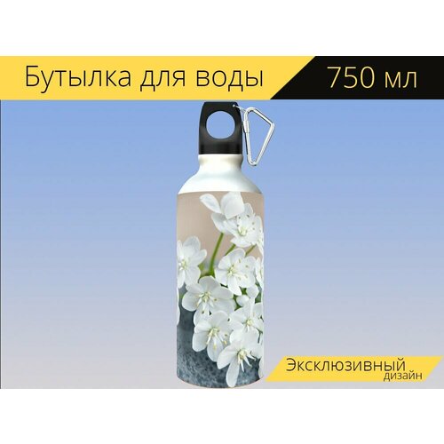 Бутылка фляга для воды "Цветок, расцветает, белый" 750 мл. с карабином и принтом