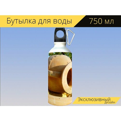 Бутылка фляга для воды "Глиняный кувшин, кувшин, сад" 750 мл. с карабином и принтом