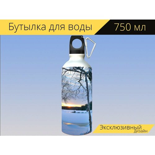 Бутылка фляга для воды "Пейзаж, зима, деревья" 750 мл. с карабином и принтом