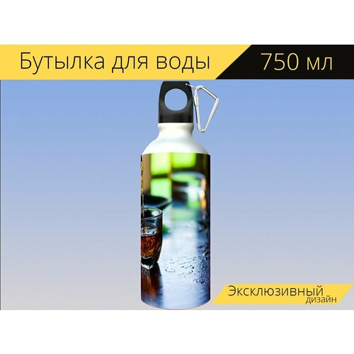 Бутылка фляга для воды "Чай, напиток, горячий" 750 мл. с карабином и принтом