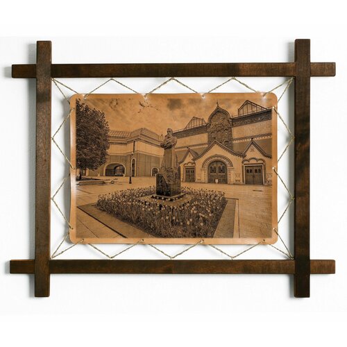 Картина Третьяковская галерея, гравировка на натуральной коже, интерьерная для украшения и декора на стену в деревянной раме, подарок, BoomGift