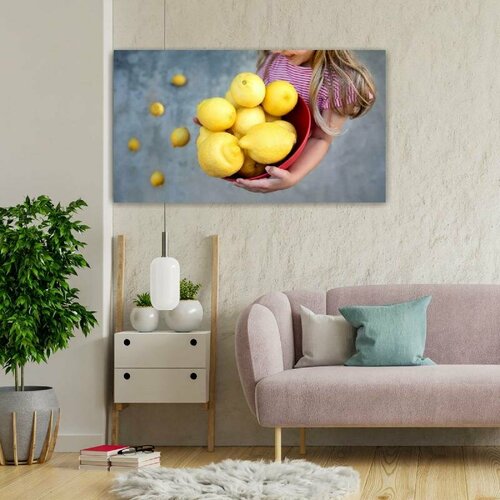 Картина на холсте 60x110 LinxOne "Девочка фрукты лимоны" интерьерная для дома / на стену / на кухню / с подрамником