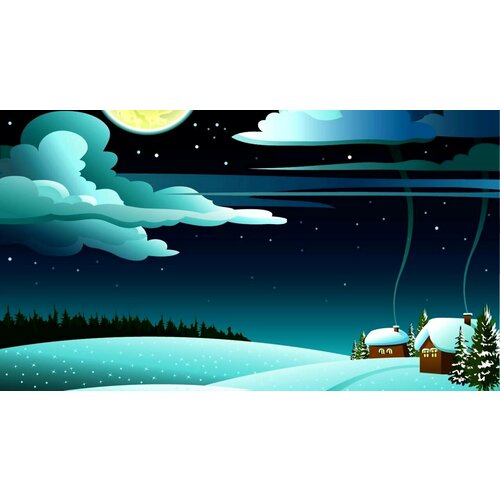 Картина на холсте 60x110 LinxOne "Домики снег ёлки дымок Пейзаж" интерьерная для дома / на стену / на кухню / с подрамником