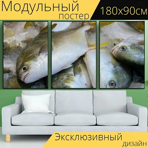 Модульный постер "Рыбы, морепродукты, море" 180 x 90 см. для интерьера