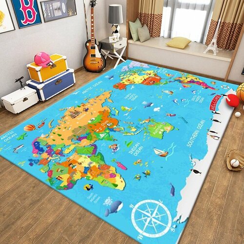Ковер безворсовый для детей "Карта мира" в спальню, гостинную, прихожую 140*200см, яркий коврик, ковер для игр
