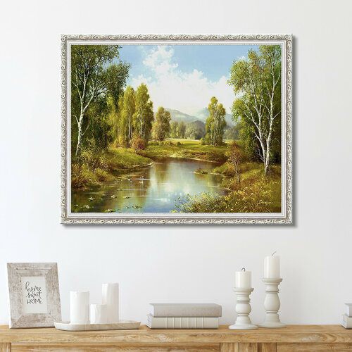 Картина на стену природа пейзаж, 47х57 см, для интерьера на холсте бумажном в раме, "Кувшинки", Графис