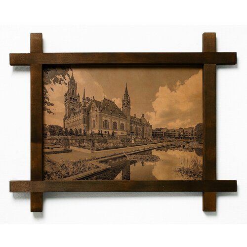 Картина Дворец мира, Гаага, гравировка на натуральной коже, интерьерная для украшения и декора на стену в деревянной раме, подарок, BoomGift