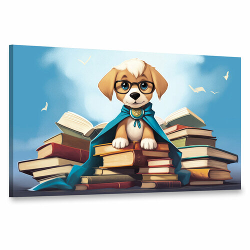 Интерьерная картина 100х60 "Собака супергерой с книгами"