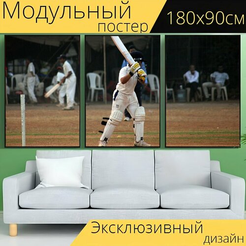Модульный постер "Крикет, бэтсмен, игра в мяч" 180 x 90 см. для интерьера
