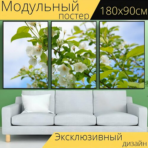 Модульный постер "Яблоня, дерево, цветение" 180 x 90 см. для интерьера