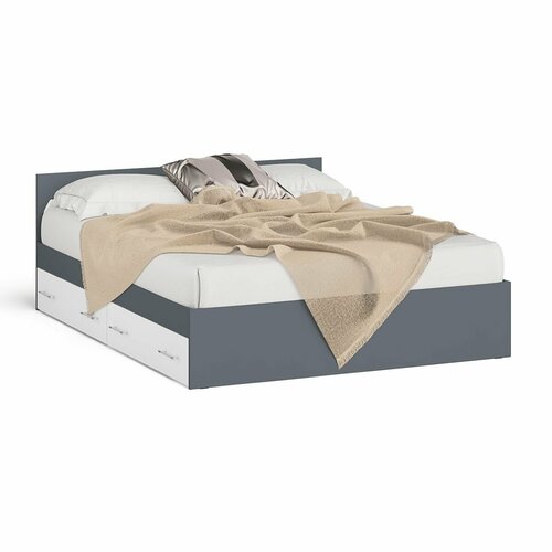 Кровать двуспальная с выдвижными ящиками Мори 1600 цвет графит/белый, ШхГхВ 163,5х203,5х70 см, без матраса, основание есть