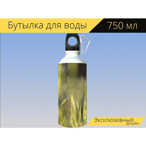 Бутылка фляга для воды "Трава, зеленый, боке" 750 мл. с карабином и принтом