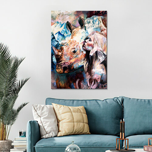 Картина интерьерная-Девушка и носорог акварель арт 50х70