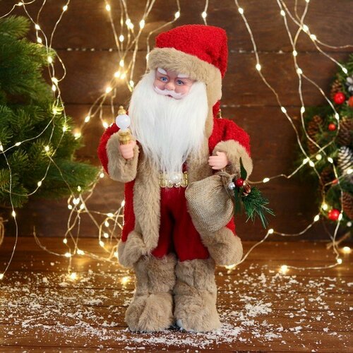 Дед Мороз "В костюме с коричневым мехом" двигается, с подсветкой, 40 см, красный
