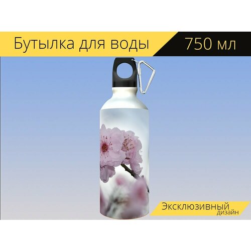 Бутылка фляга для воды "Сакура, вишни в цвету, японская вишня деревья" 750 мл. с карабином и принтом