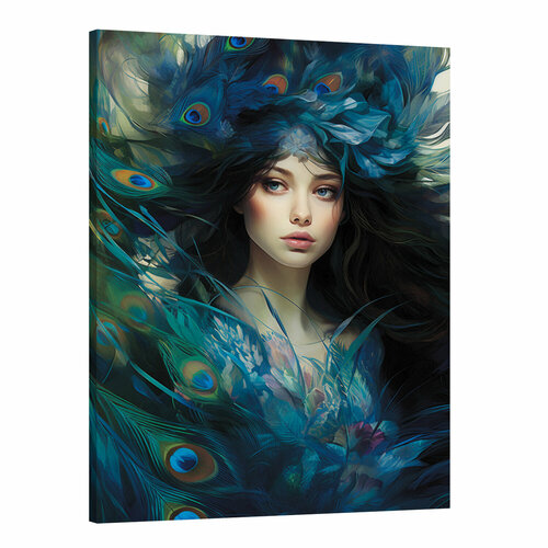Интерьерная картина 50х70 "Девушка в павлиньих перьях"