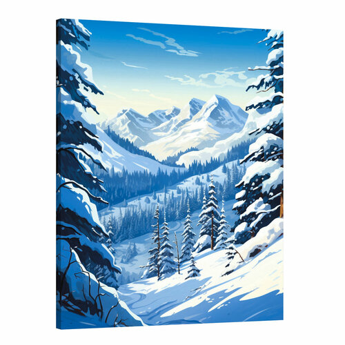 Интерьерная картина 50х70 "Пейзаж с горами и заснеженными соснами"