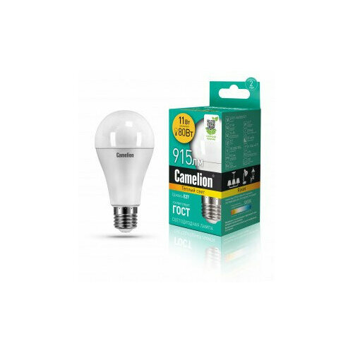 Светодиодная LED лампа Camelion ЛОН A60 E27 11W(915m 270°) 3000K 2K матовая 109x60 пластик LED11-A60/830/E27 (упаковка 18 штук)