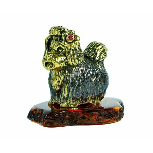 Сувенир собака Йорк из латуни и прессованного янтаря с фианитом.