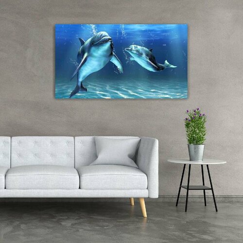 Картина на холсте 60x110 LinxOne "Подводный мир море дельфины арт" интерьерная для дома / на стену / на кухню / с подрамником
