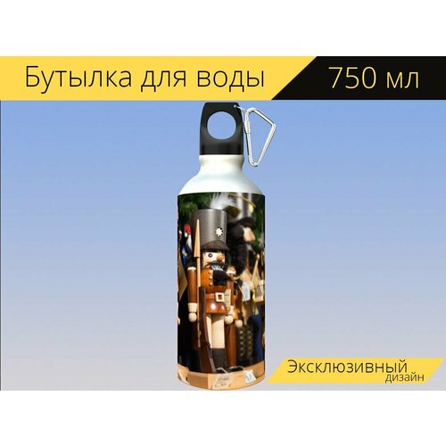 Бутылка фляга для воды "Щелкунчик, деревянный, игрушка" 750 мл. с карабином и принтом
