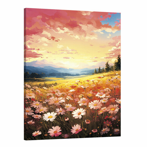 Интерьерная картина 50х70 "Пейзаж с солнцем, облаками и лугом"