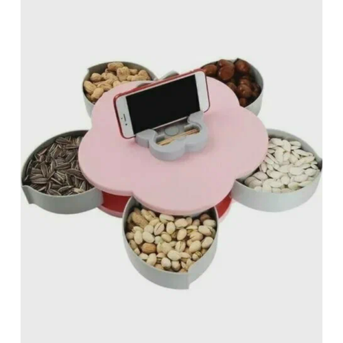 Раздвижная менажница Цветок, 5 отделений Candy Box для сухофруктов и конфет, розовый, с подставкой для телефона