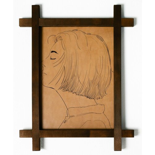 Картина Девушка с закрытыми глазами, гравировка на натуральной коже, интерьерная для украшения и декора на стену в деревянной раме, подарок, BoomGift