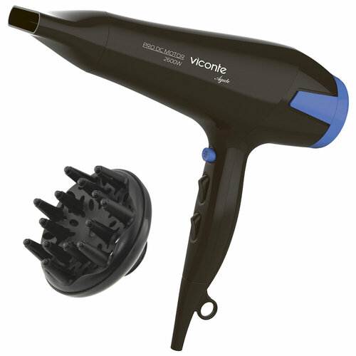 Фен для волос Viconte 2600 Вт для сушки и укладки с насадками (диффузор и концентратор) черный с синим