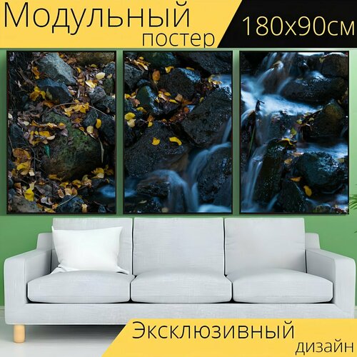 Модульный постер "Водопад, листья, вода" 180 x 90 см. для интерьера