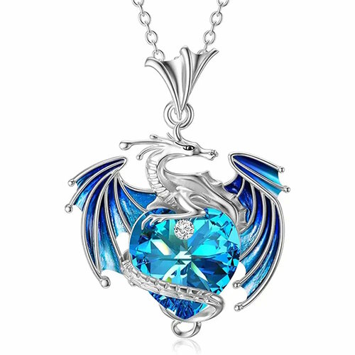 Колье женское ожерелье с кулоном в виде дракона "Сердце дракона" голубое