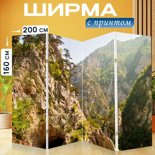 Ширма перегородка с принтом "Черногория, горы, пейзаж" на холсте - 200x160 см. для зонирования, раскладная