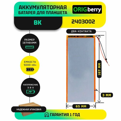 Аккумулятор для планшета BK2403002 3,8 V / 5000 mAh / 167 x 65 x 3 мм / без коннектора