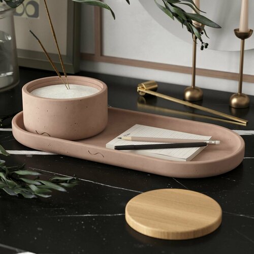 Подставка под благовония и поднос (набор Astrid 24: поднос XL, емкость M с крышкой из бука, песок), бетон, розовый матовый