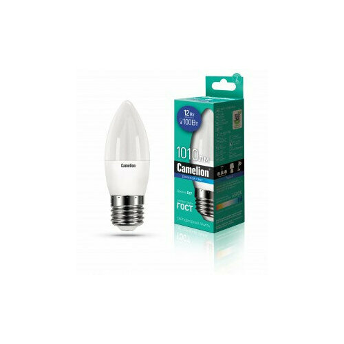 Светодиодная LED лампа Camelion Свеча E27 12W(1010lm 220°) 6500K 6K матовая 107x38 пластик LED12-C35/865/E27 (упаковка 18 штук)