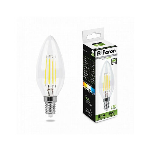 Feron LB-68 Лампа светодиодная филамент, C35 (свеча) диммируемая, 5W 230V E14 4000К, 25652