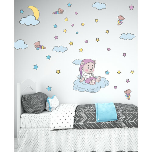 Большая интерьерная наклейка на стену детская мишка звезды медвежонок в облаках