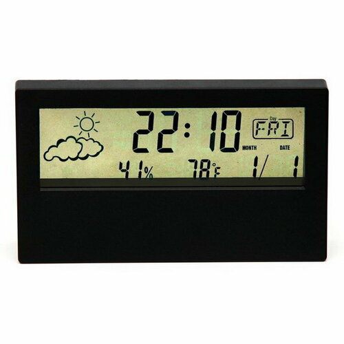Часы настольные электронные: будильник, термометр, календарь, гигрометр, 13.3х7.4 см, черные