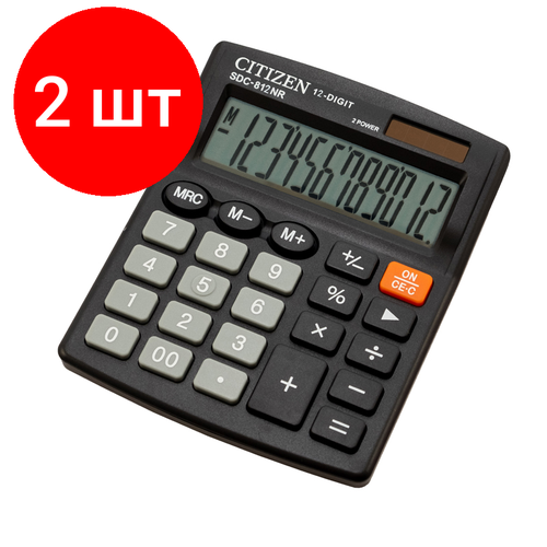 Комплект 2 шт, Калькулятор настольный Citizen SDC-812NR, 12 разрядов, двойное питание, 102*124*25мм, черный