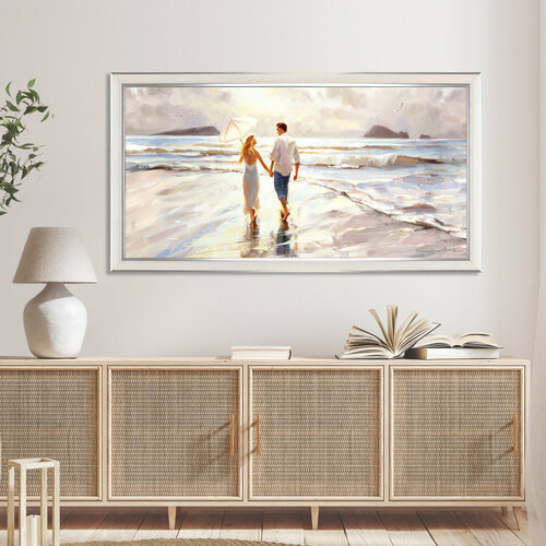 Картина на стену для интерьера "Рука об руку", 57х107 см, на бумажном холсте, в раме, большая, морской пейзаж, любовь, романтика/Графис