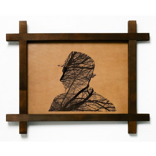 Картина Силуэт из веток, гравировка на натуральной коже, интерьерная для украшения и декора на стену в деревянной раме, подарок, BoomGift