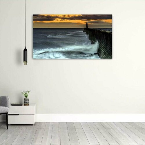 Картина на холсте 60x110 LinxOne "Маяк море закат" интерьерная для дома / на стену / на кухню / с подрамником