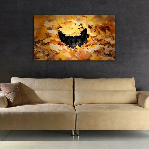 Картина на холсте 60x110 LinxOne "Осень друг собака" интерьерная для дома / на стену / на кухню / с подрамником
