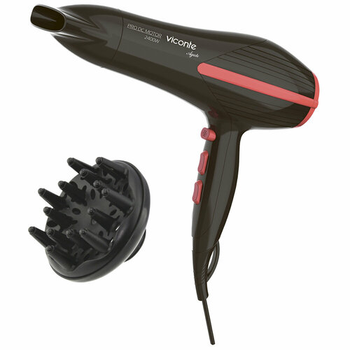 Фен для волос Viconte 2400 Вт для сушки и укладки с насадками (диффузор и концентратор) черный с красным