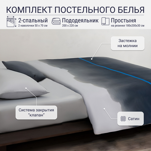 Комплект постельного белья TKANO 2-спальный с простыней на резинке из умягченного сатина из коллекции Slow Motion Electric blue