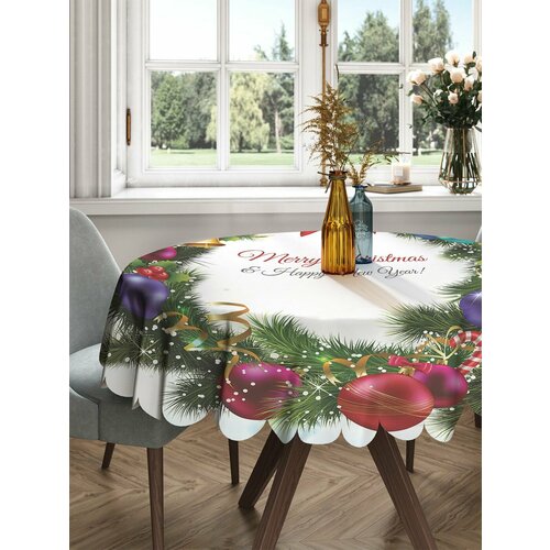 Скатерть круглая тканевая на стол JoyArty с рисунком "Рождественский венок" 150 на 150 см