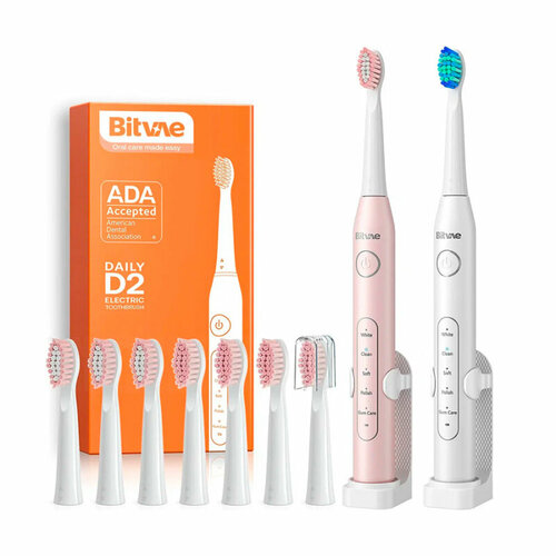 Набор электрических зубных щеток Bitvae D2 Daily 2 подставки+8 насадок+2 колпачка для насадок, белая и розовая