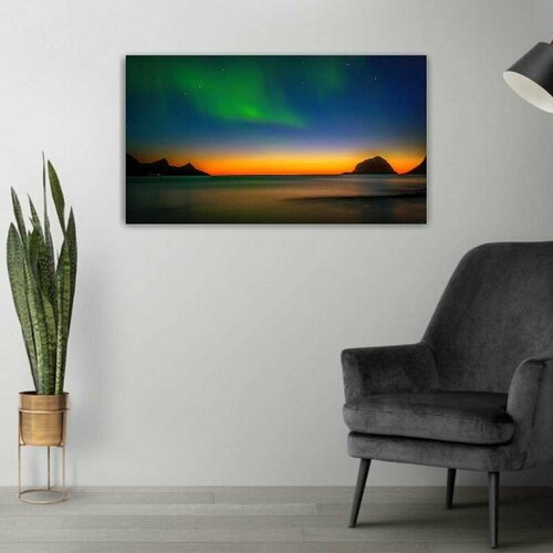 Картина на холсте 60x110 LinxOne "Море горы северное сияние" интерьерная для дома / на стену / на кухню / с подрамником