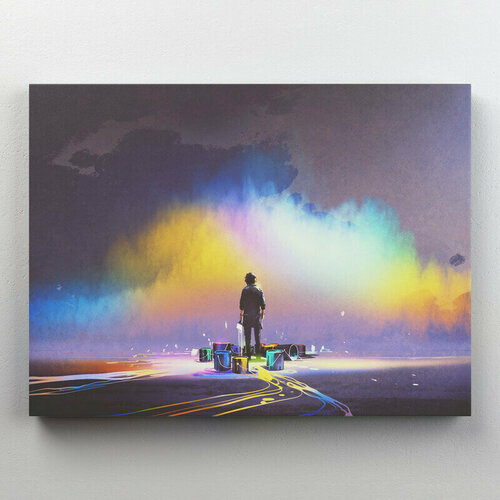 Интерьерная картина на холсте "Мужчина с банками краски и кистью наблюдает за туманом" размер 60x45 см